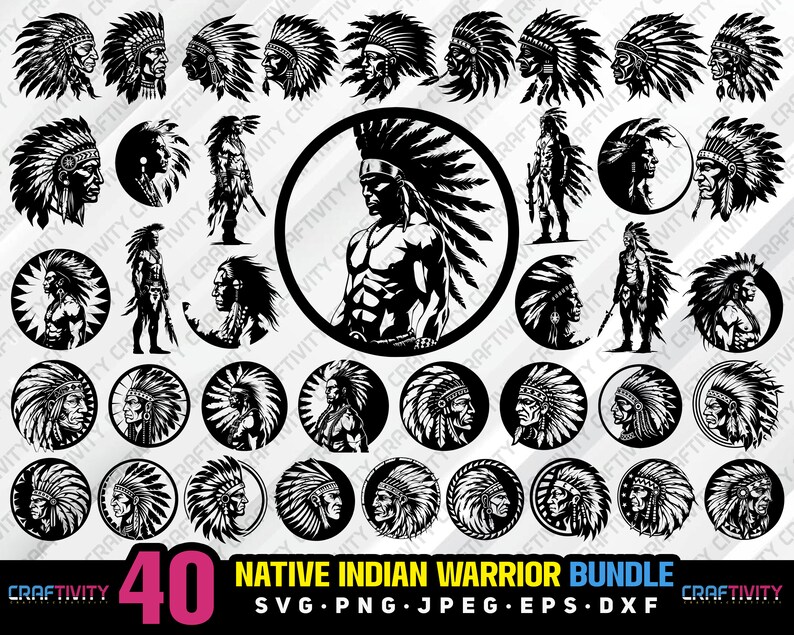 Native Indian Warrior Bundle Svg Png Jpeg Eps Dxf Bundle Silhouette ...