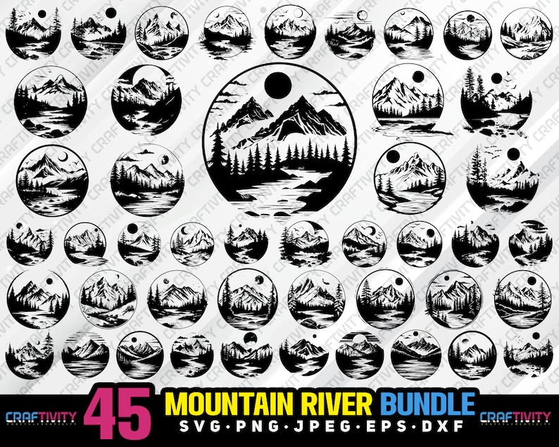 Mountain River Landscape SVG Bundle: Silhouette Clipart (digital ...