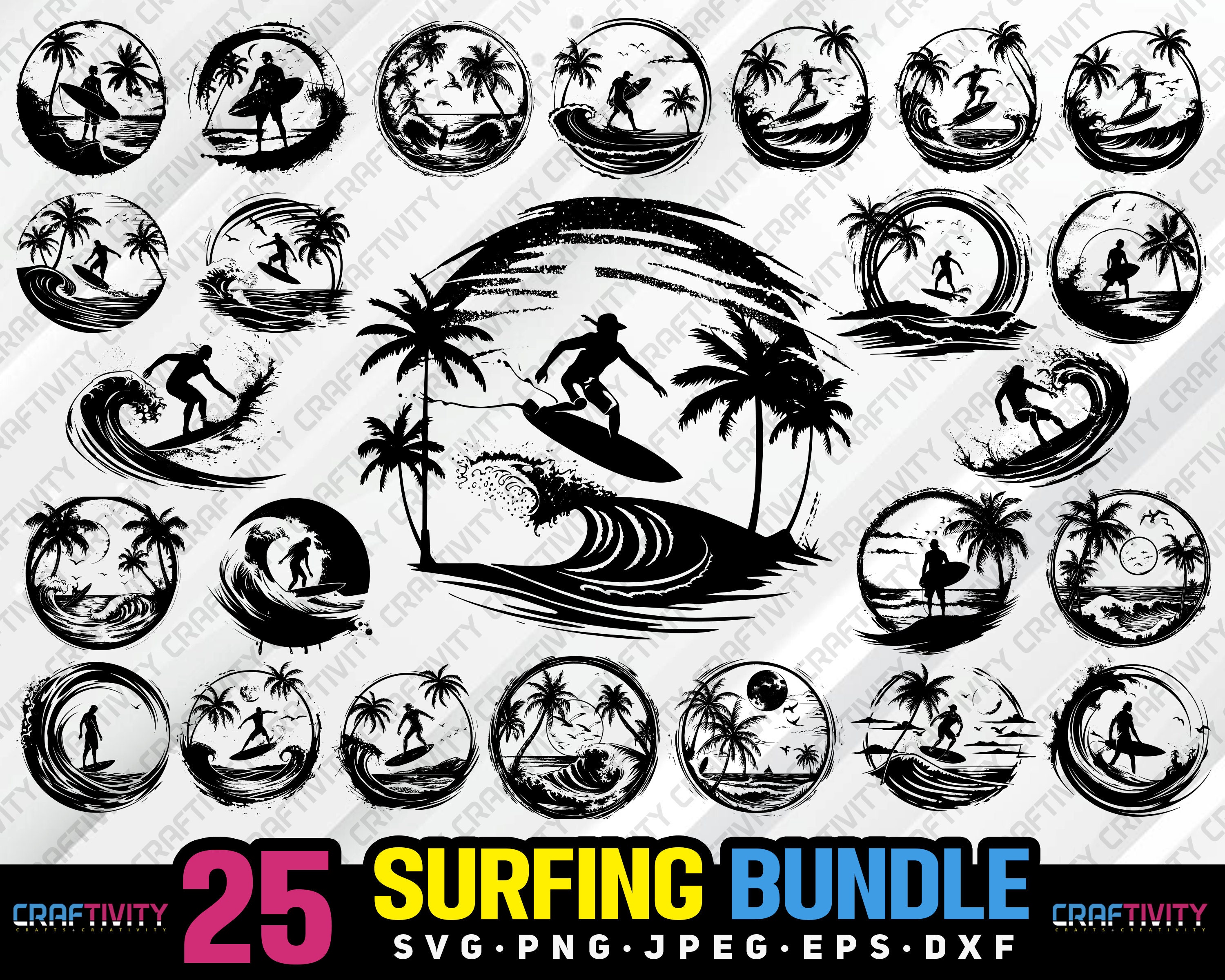 Surfing Bundle Svg Png Jpeg Eps Dxf Bundle Silhouette Clipart Cricut ...