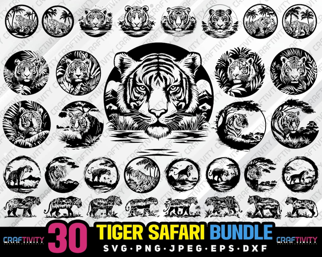 Tiger Safari Clipart Bundle, Laser Cut Vector (svg, Png, Jpg, Eps, Dxf ...