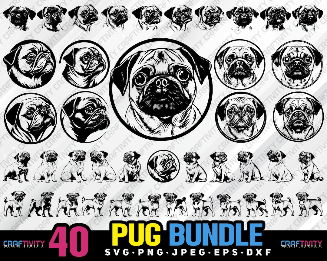 Pug Bundle Svg Png Jpeg Eps Dxf Bundle Silhouette Clipart Cricut Vector ...
