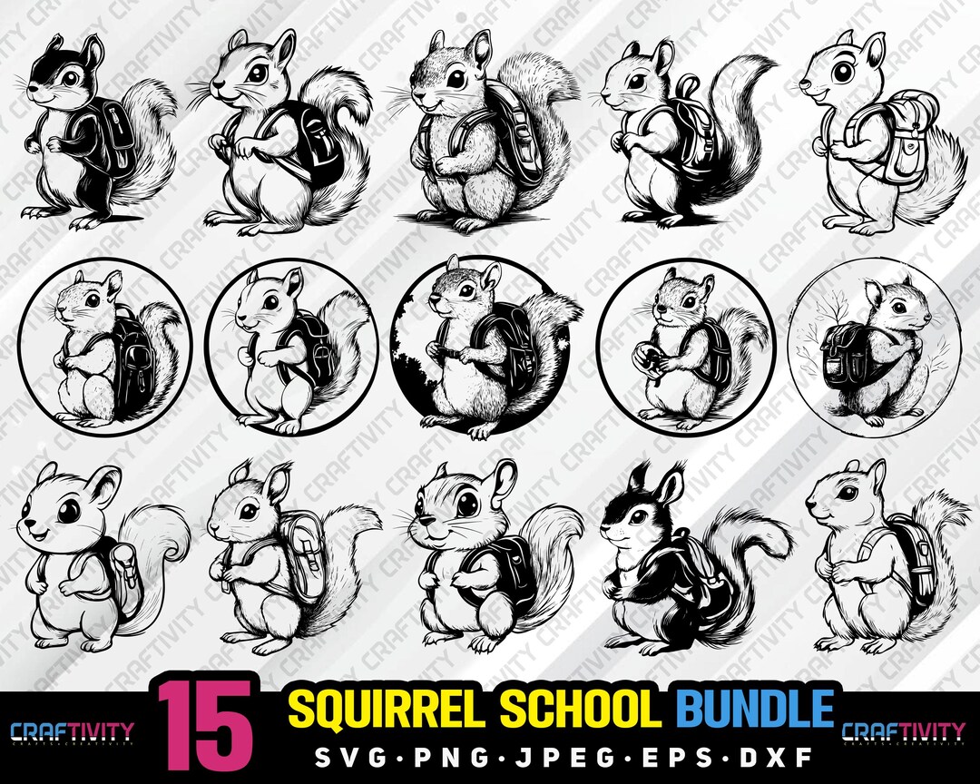 Squirrel School Bundle Svg Png Jpeg Eps Dxf Bundle Silhouette Clipart ...