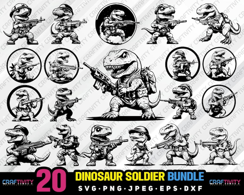 Dinosaur Soldier Clipart Bundle, Army T-rex SVG PNG (digital Download ...