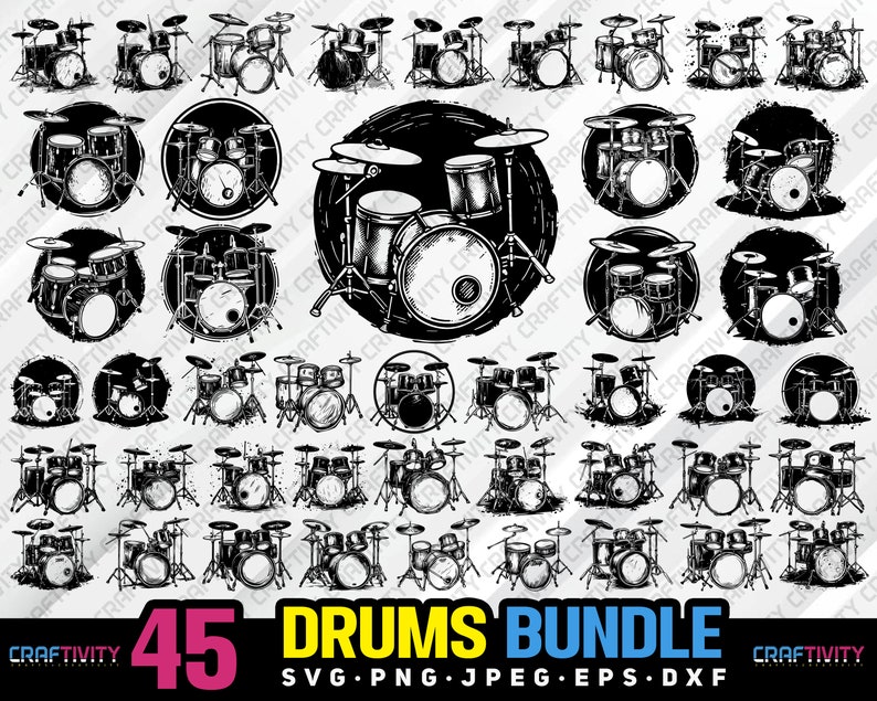 Drums Bundle Svg Png Jpeg Eps Dxf Bundle Silhouette Clipart Cricut ...