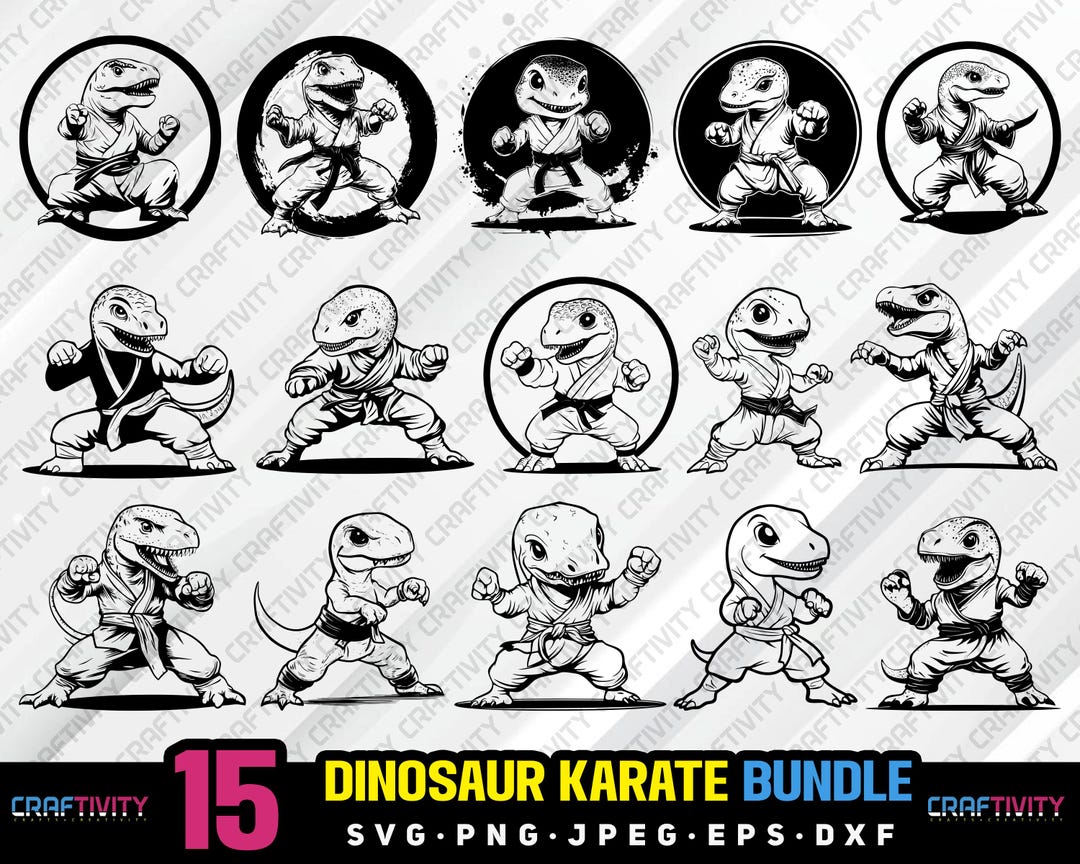 Dinosaur Karate Bundle Svg Png Jpeg Eps Dxf Engrave Silhouette Clipart ...