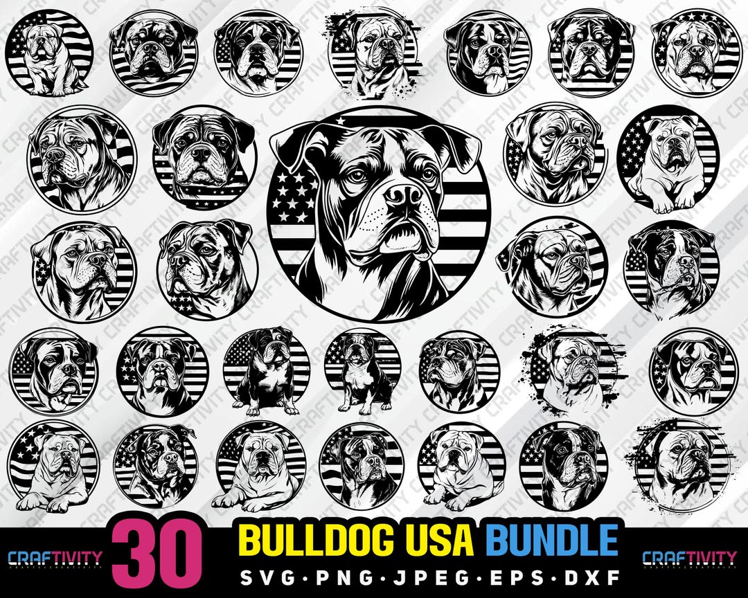 Bulldog Usa Bundle Svg Png Jpeg Eps Dxf Engrave Silhouette Clipart ...