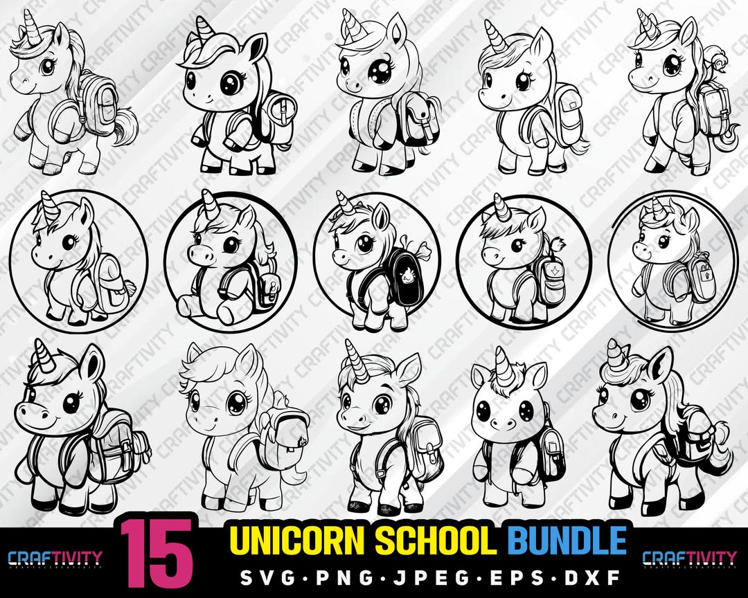 Cute Unicorn School Bundle Svg Png Jpeg Eps Dxf Bundle Silhouette ...