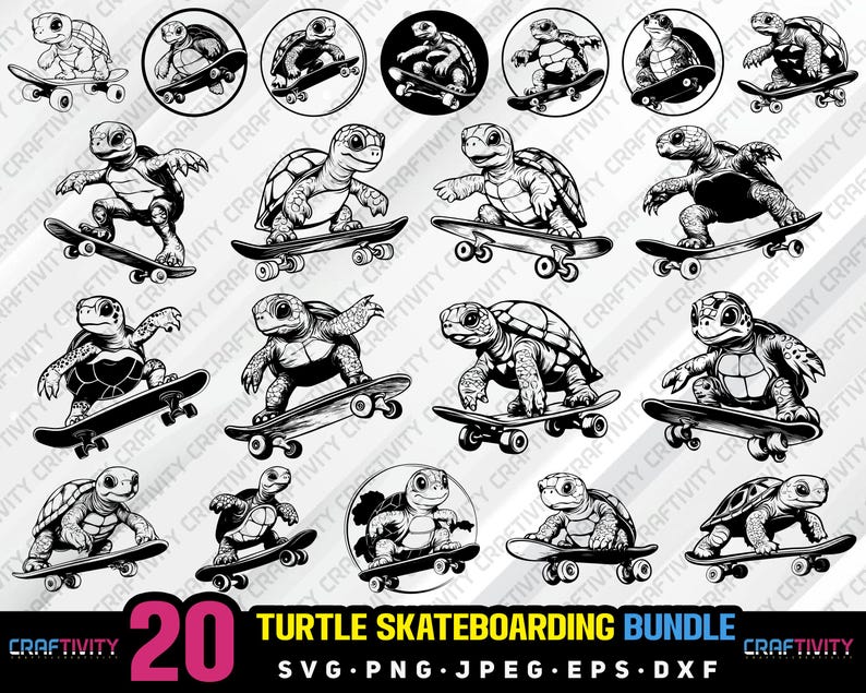 Turtle Skateboarding Bundle Svg Png Jpeg Eps Dxf Engrave Silhouette ...