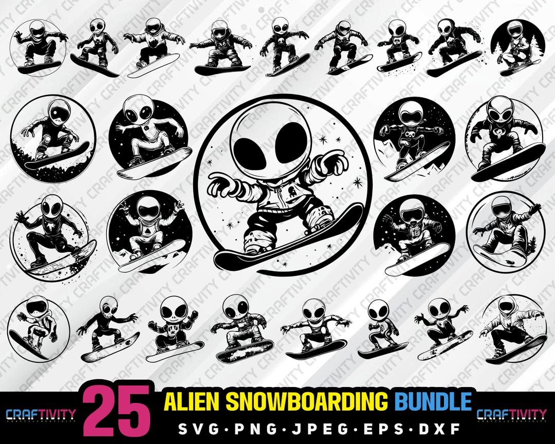 Alien Snowboarding Bundle Svg Png Jpeg Eps Dxf Bundle Silhouette ...