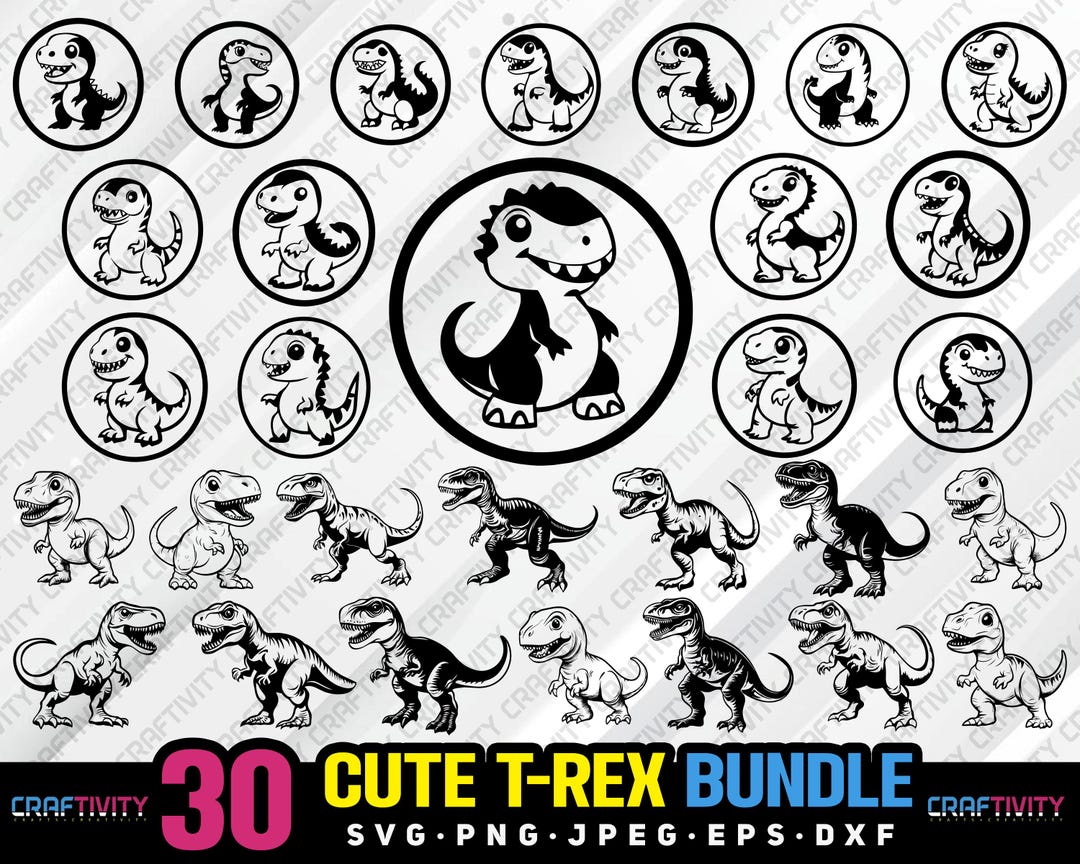 Cute T-rex Bundle Svg Png Jpg Eps Dxf Bundle Silhouette Clipart Cricut ...