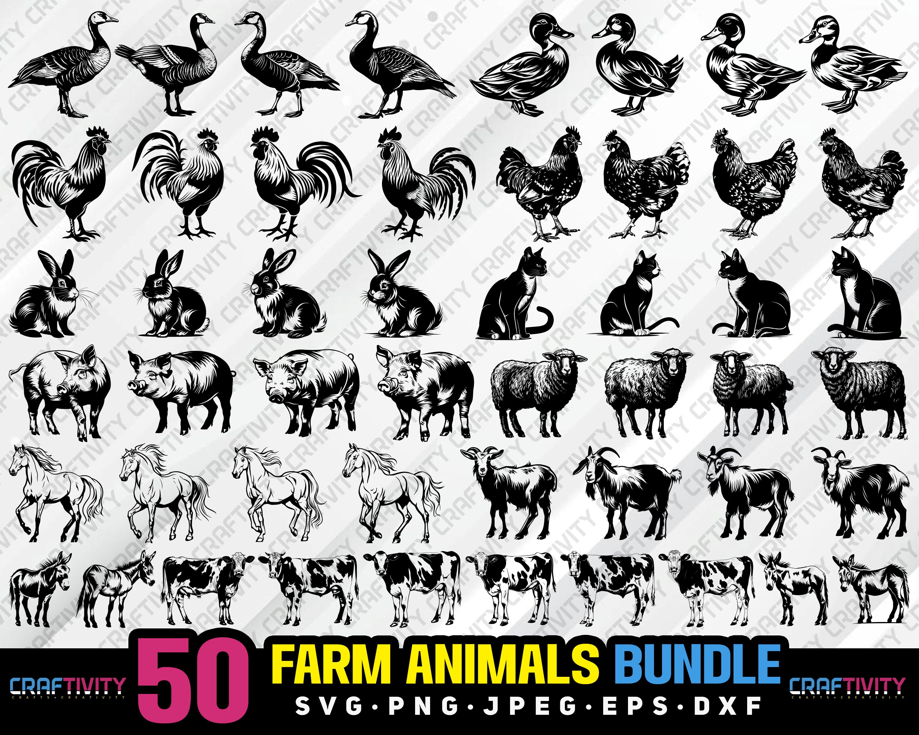 Farm Animal Bundle Svg Png Jpeg Eps Dxf Bundle Silhouette Clipart ...