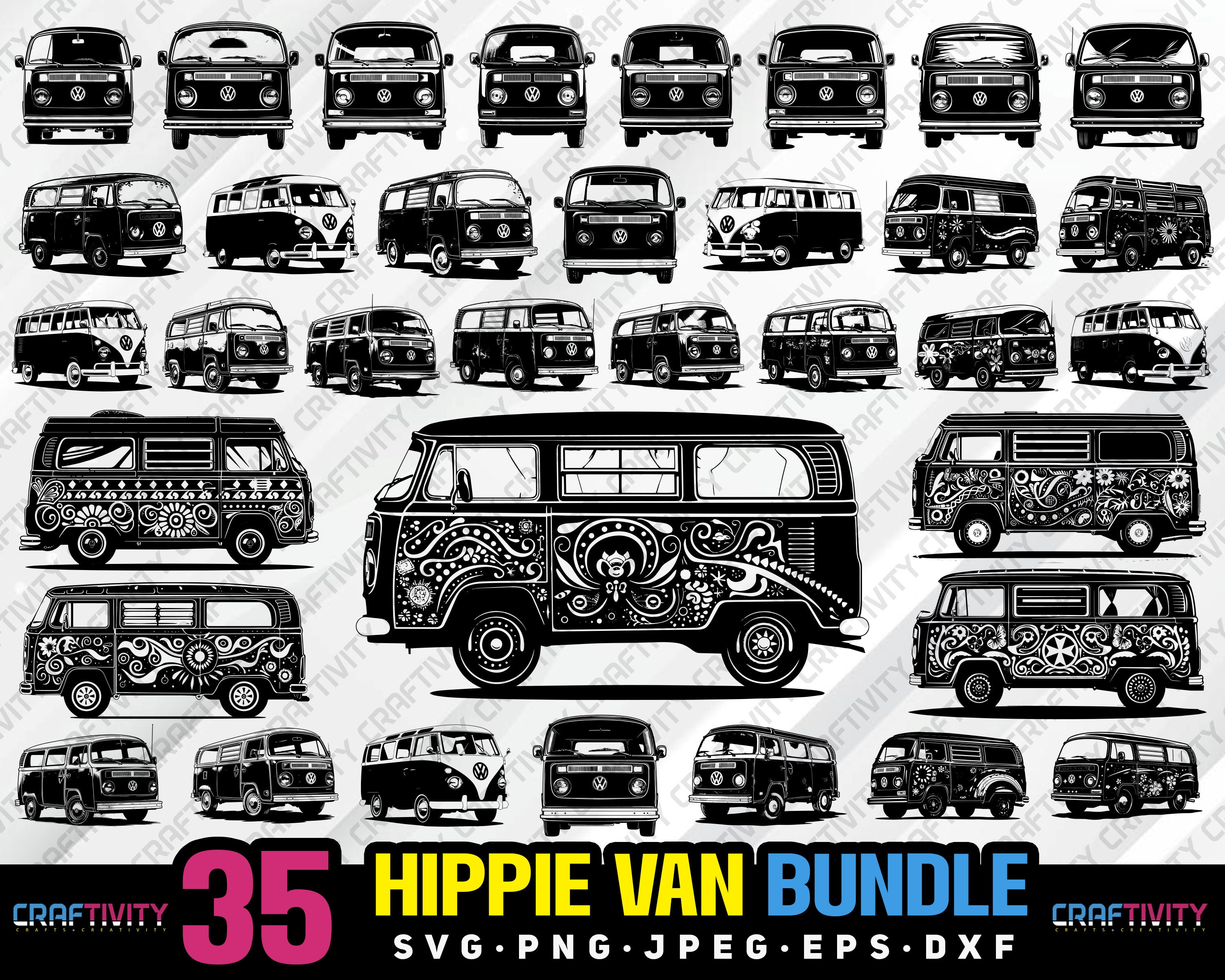 Hippie Van Bundle Svg Png Jpeg Eps Dxf Bundle Silhouette Clipart Cricut ...