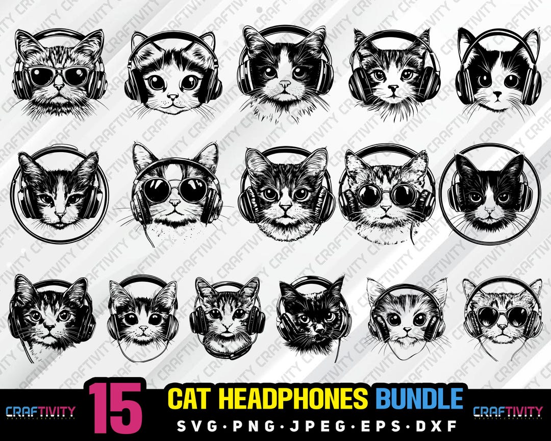 Cat Headphones Bundle Svg Png Jpeg Eps Dxf Bundle Silhouette Clipart ...