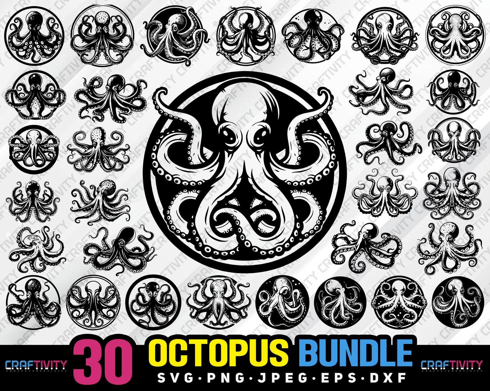 Octopus Bundle Svg Png Jpeg Eps Dxf Bundle Silhouette Clipart Cricut ...