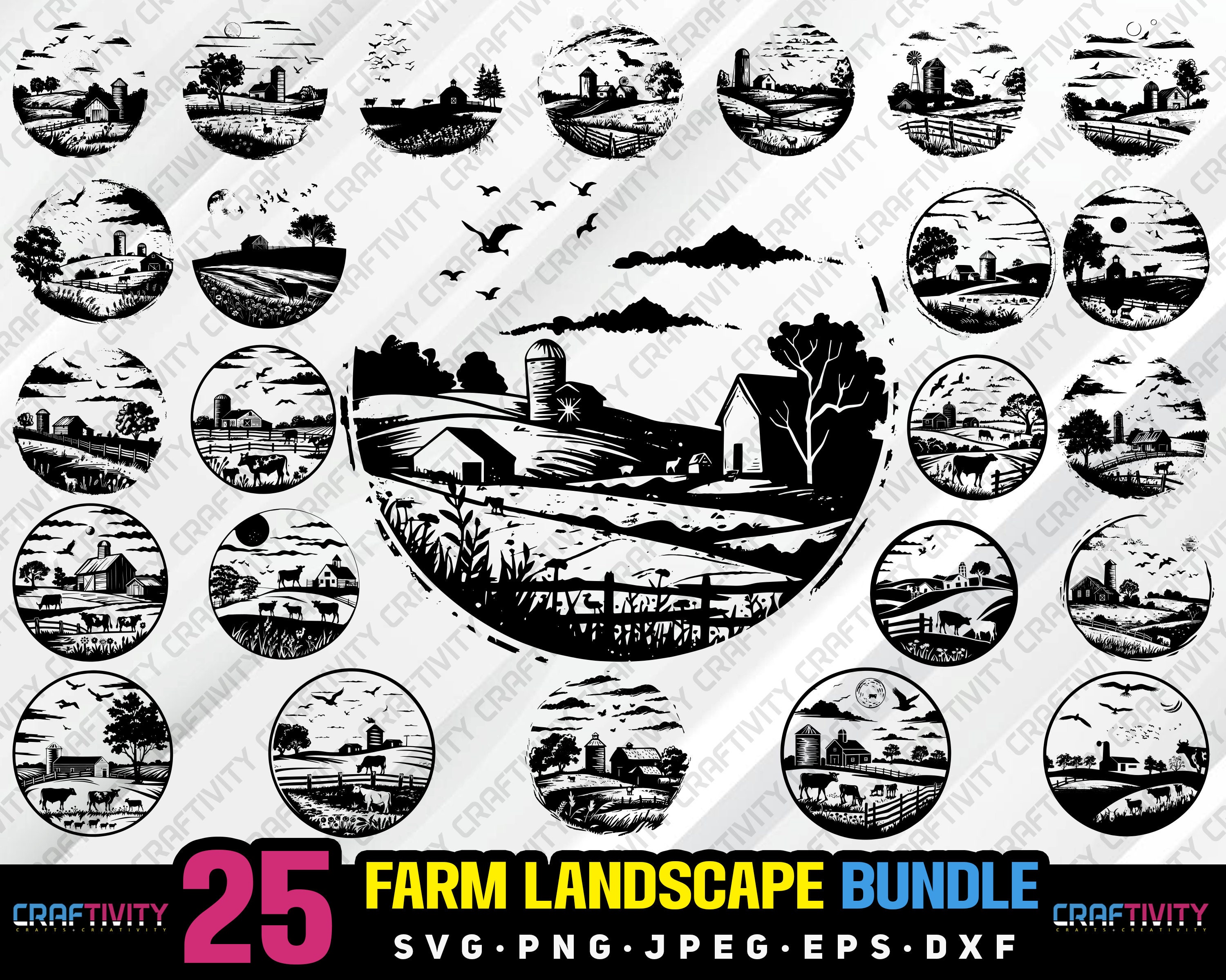 Farm Landscape SVG Bundle: Farmhouse Clipart, Cricut Vector (digital ...