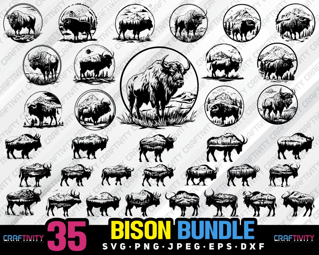 Bison Bundle Svg Png Jpeg Eps Dxf Engrave Silhouette Clipart Cricut ...