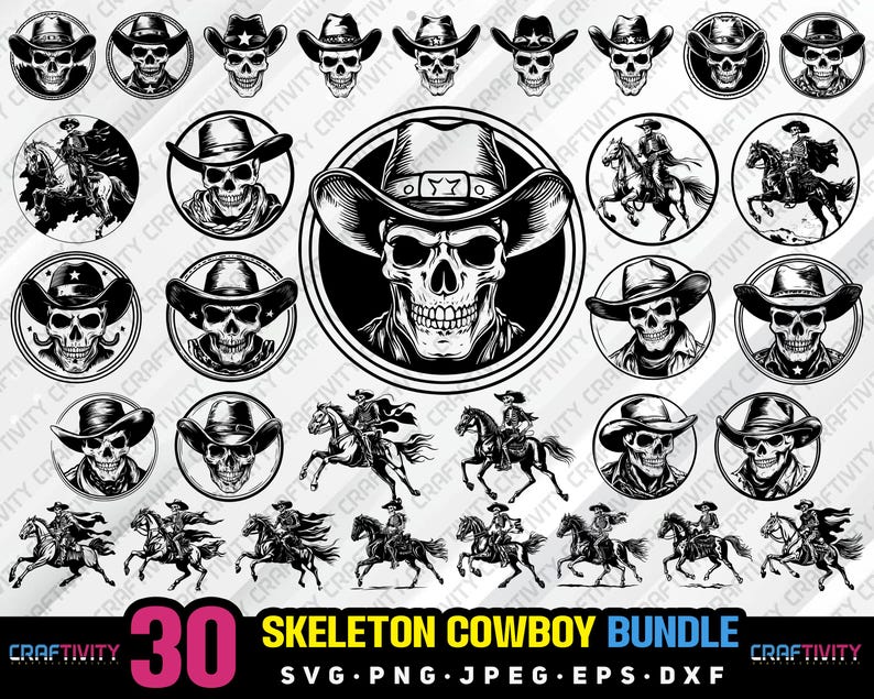Skeleton Cowboy Bundle Svg Png Jpeg Eps Dxf Engrave Silhouette Clipart ...