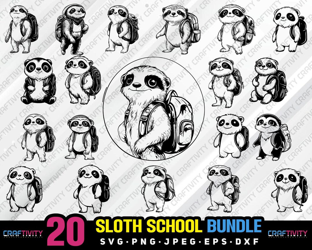 Cute Sloth School Bundle Svg Png Jpeg Eps Dxf Engrave Silhouette ...