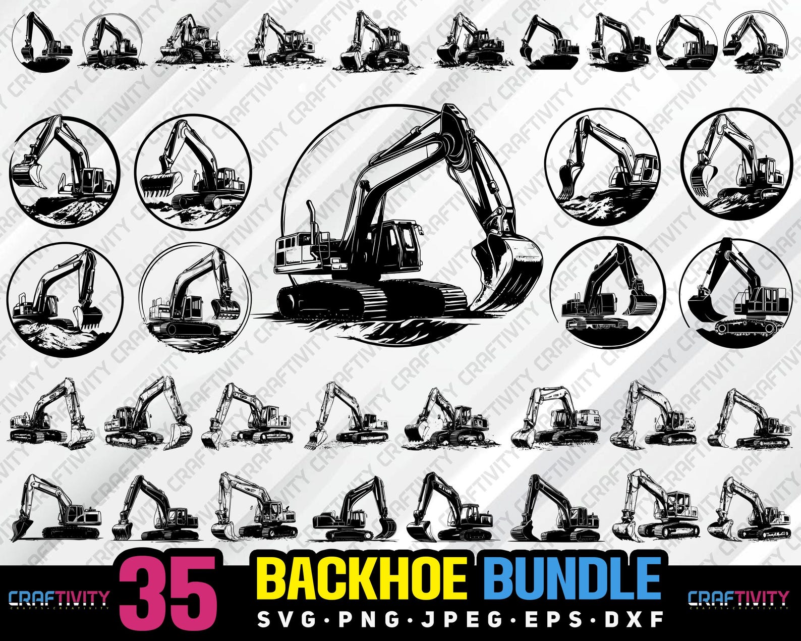 Backhoe Bundle Svg Png Jpg Eps Dxf Engrave Silhouette Clipart Cricut ...
