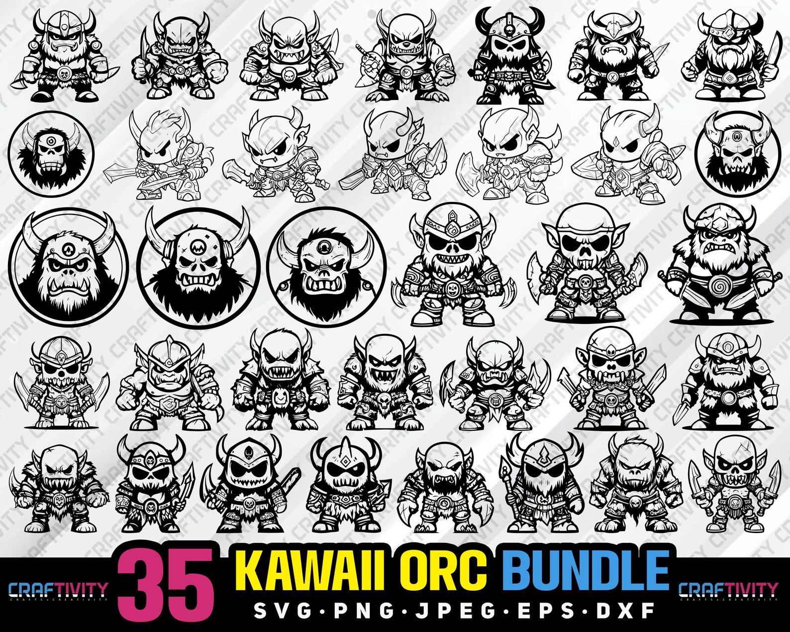Kawaii Orc Bundle Svg Png Jpeg Eps Dxf Bundle Silhouette Clipart Cricut ...