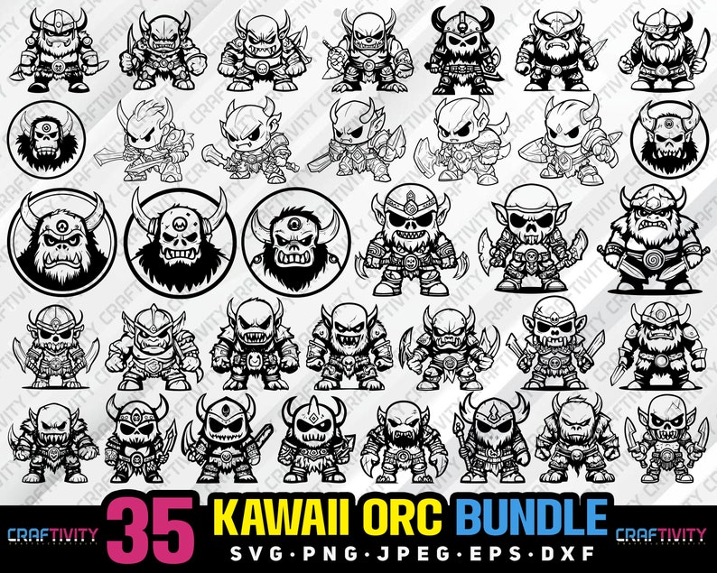 Kawaii Orc Bundle Svg Png Jpeg Eps Dxf Bundle Silhouette Clipart Cricut ...