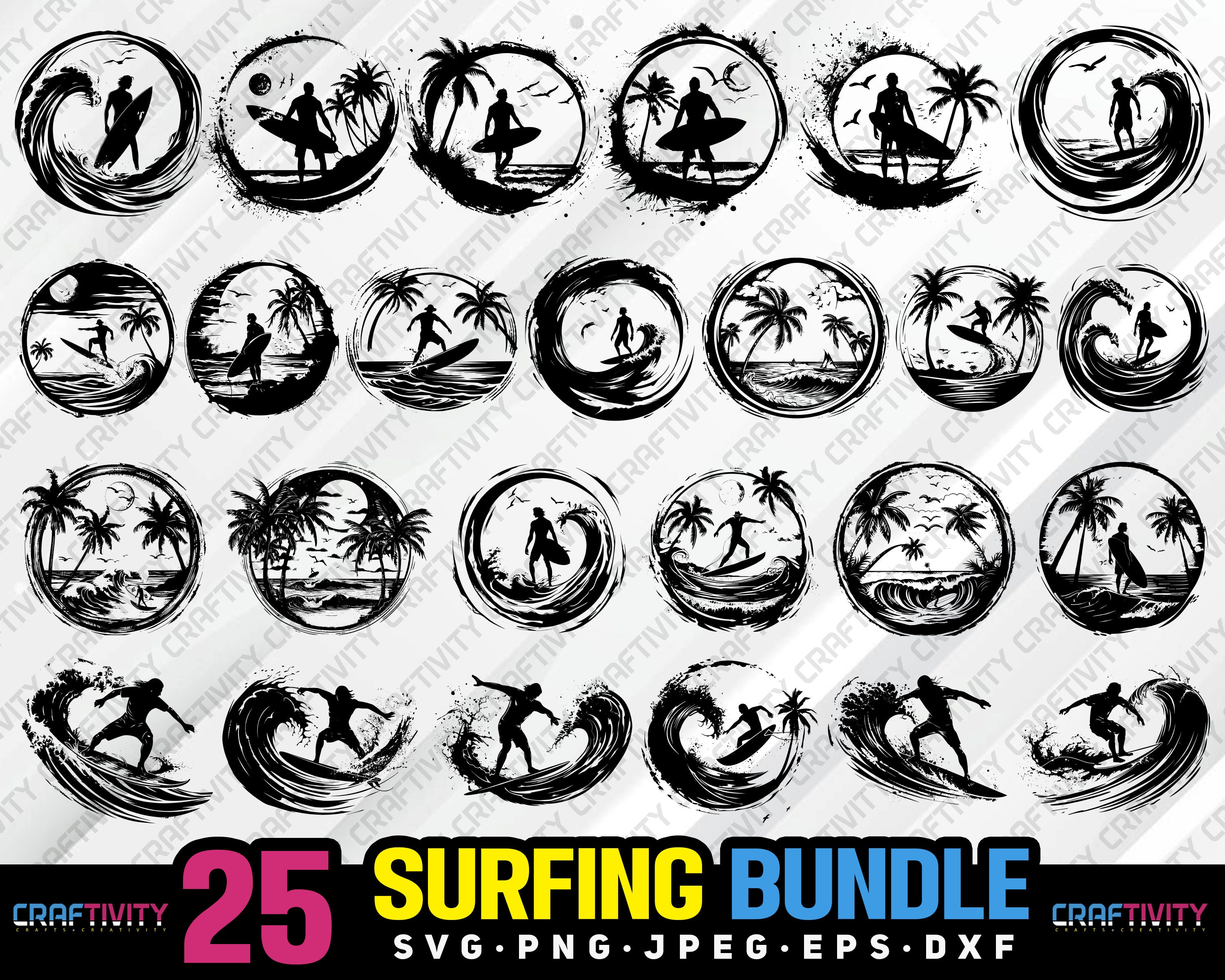 Surfing Bundle Svg Png Jpeg Eps Dxf Bundle Silhouette Clipart Cricut ...