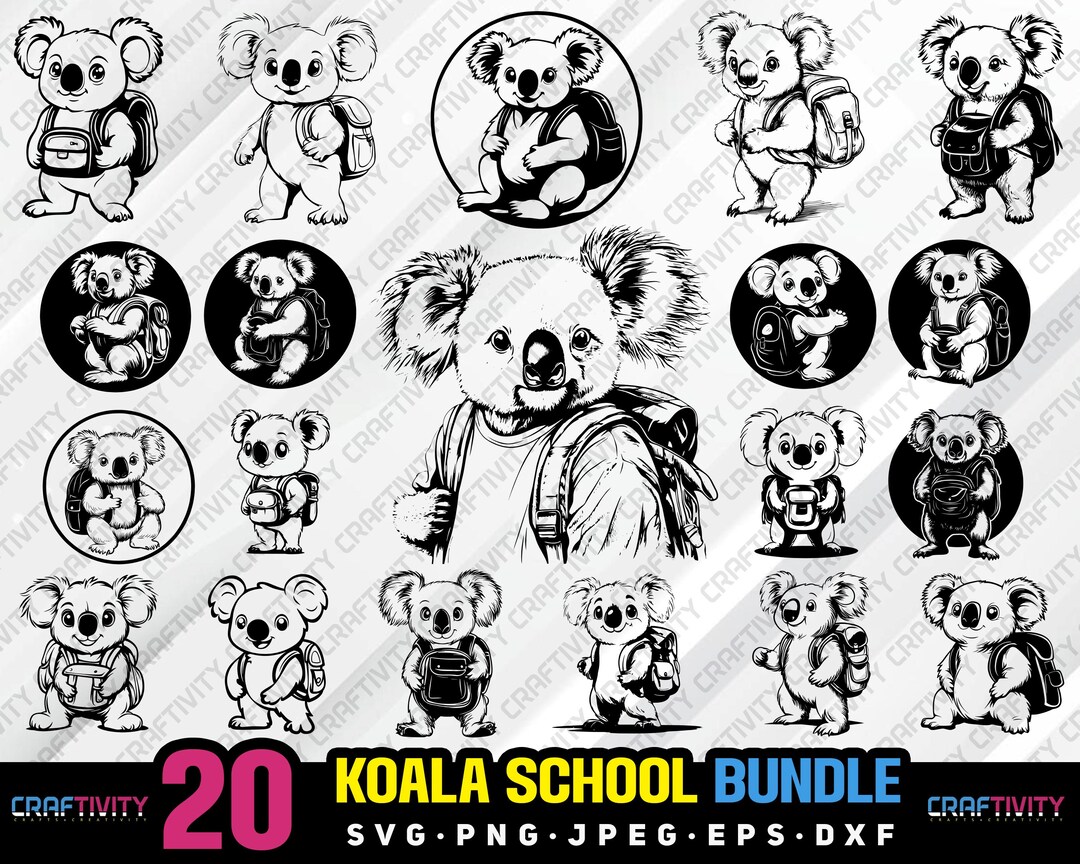 Koala School Bundle Svg Png Jpeg Eps Dxf Bundle Silhouette Clipart ...
