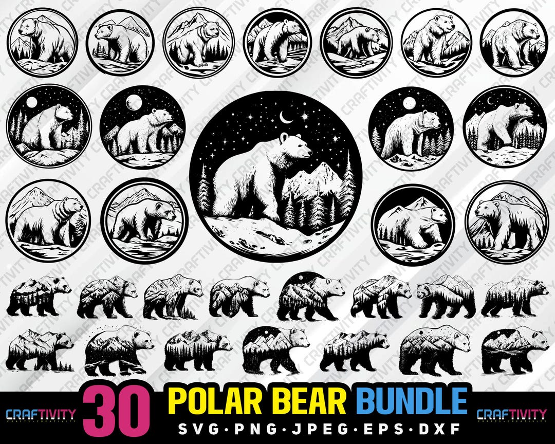 Polar Bear Bundle Svg Png Jpeg Eps Dxf Engrave Silhouette Clipart ...