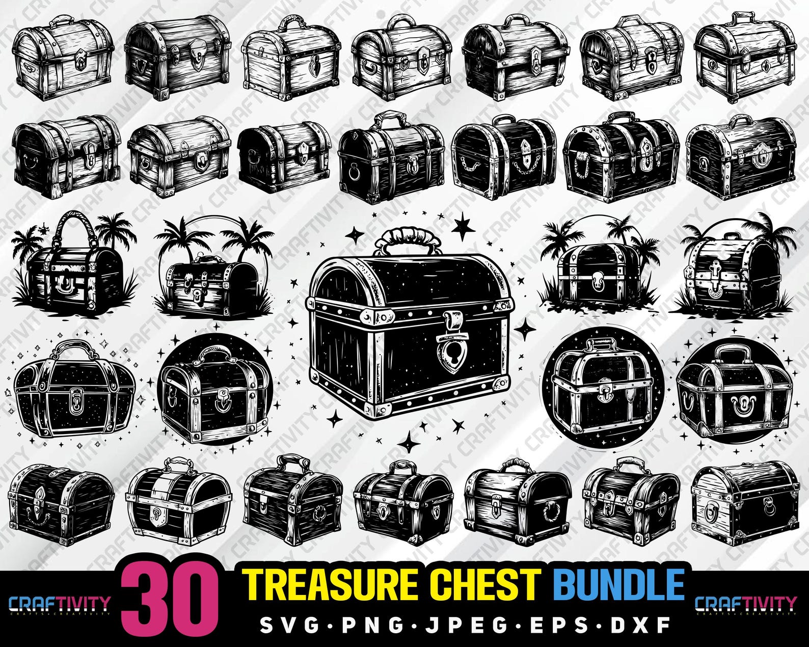 Treasure Chest Bundle Svg Png Jpg Eps Dxf Bundle Silhouette Clipart Cricut Laser Vector ...