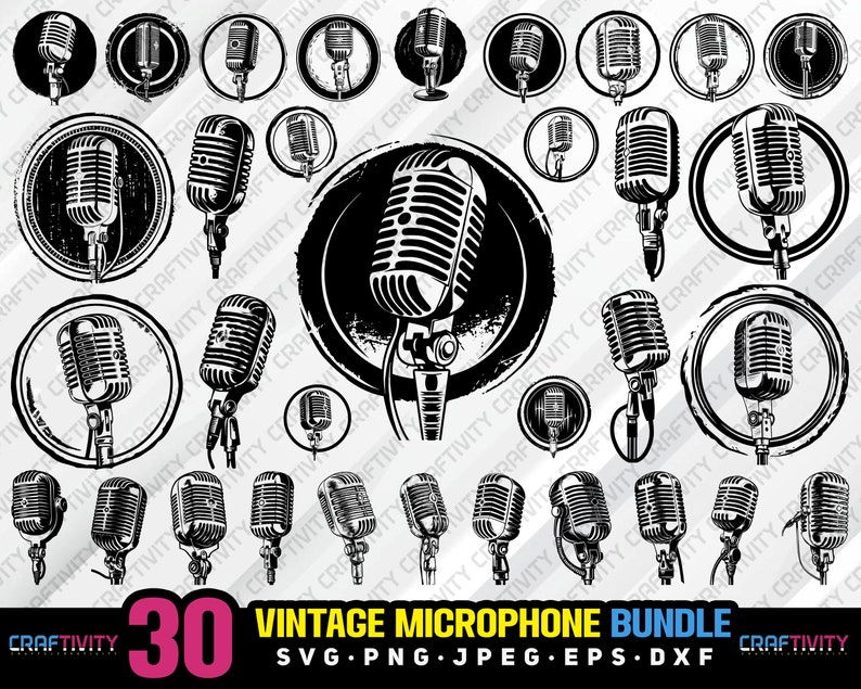 Vintage Microphone Bundle Svg Png Jpeg Eps Dxf Bundle Silhouette ...