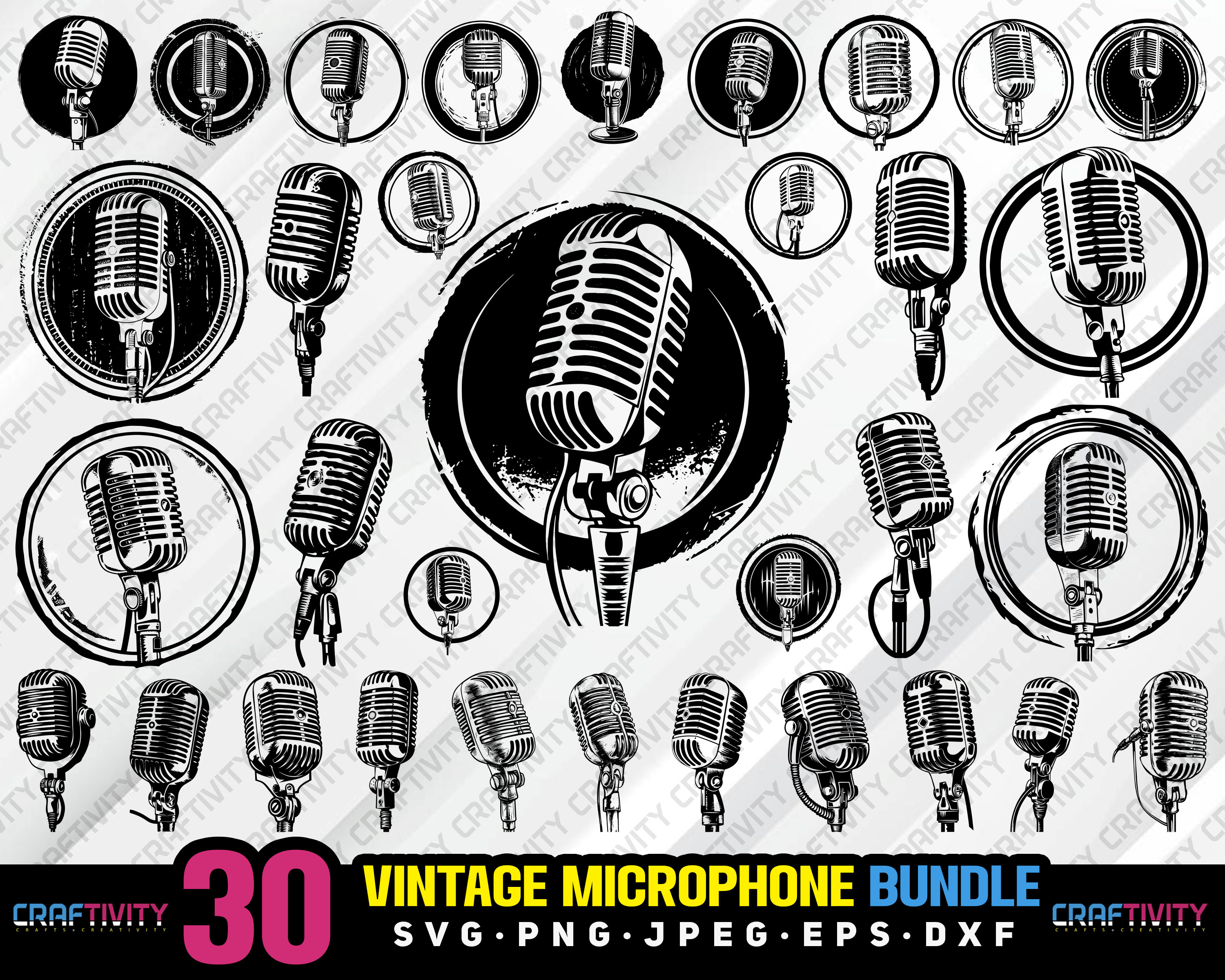 Vintage Microphone Bundle Svg Png Jpeg Eps Dxf Bundle Silhouette ...