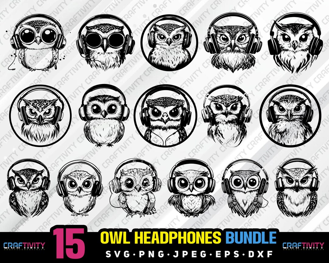 Owl Headphones Bundle Svg Png Jpeg Eps Dxf Bundle Silhouette Clipart ...