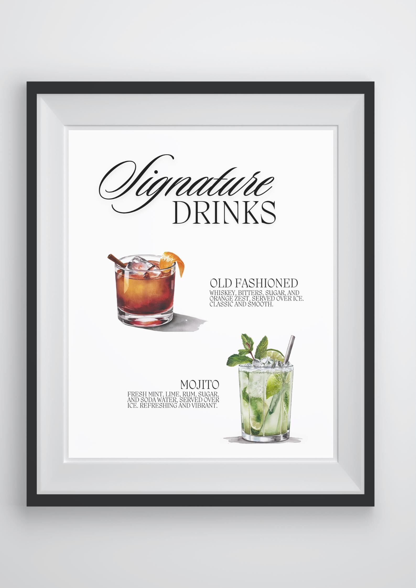 Personalized Minimalist Drink Menu | Classic Signature Cocktail Menu ...