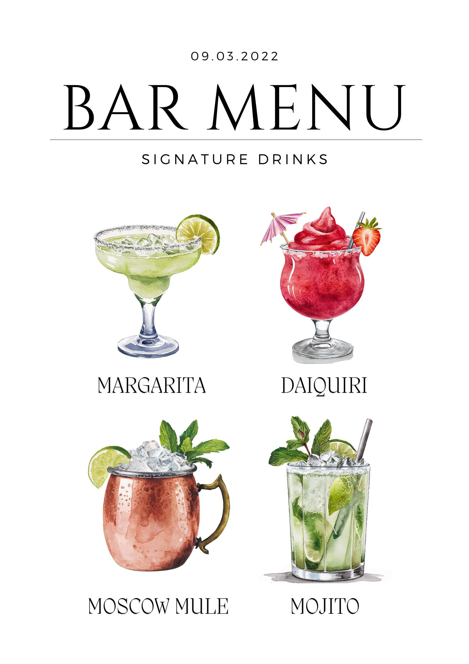 Personalized Minimalist Drink Menu | Classic Signature Cocktail Menu ...