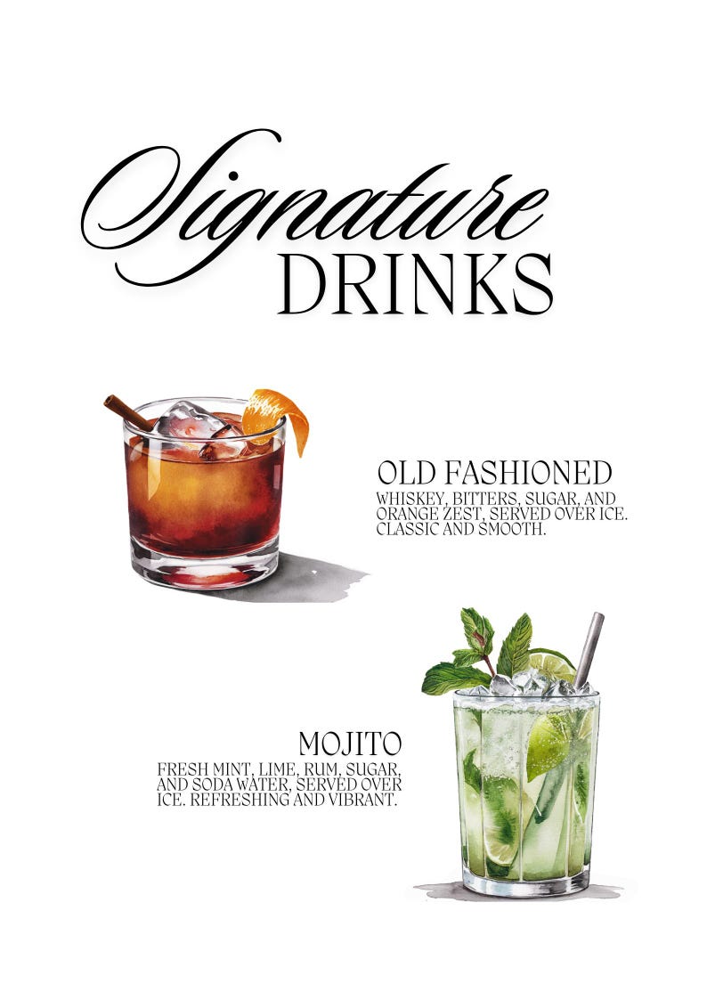 Personalized Minimalist Drink Menu | Classic Signature Cocktail Menu ...
