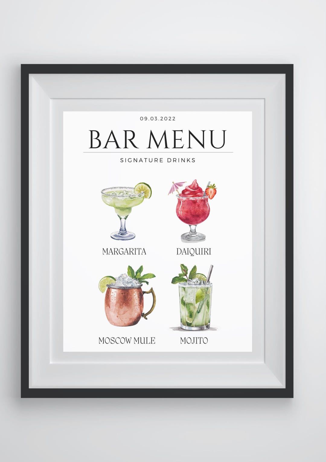 Personalized Minimalist Drink Menu | Classic Signature Cocktail Menu ...