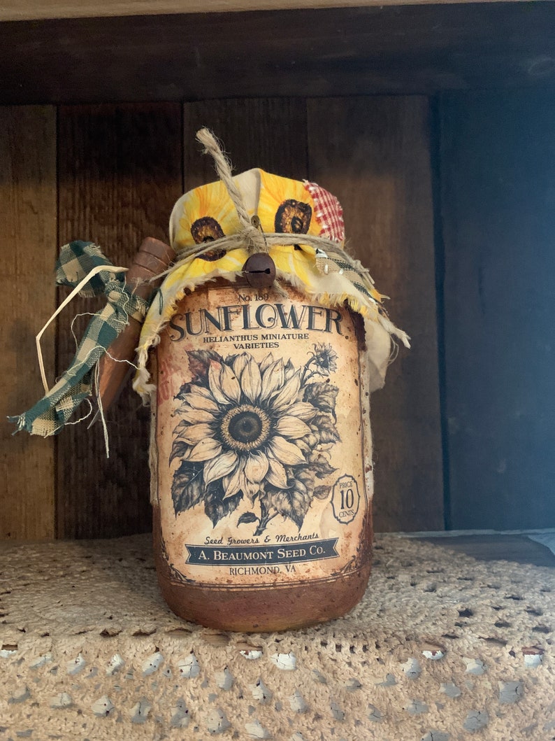 Handmade Primitive Sunflower Grubby Pantry Jar, Grubby Distressed ...