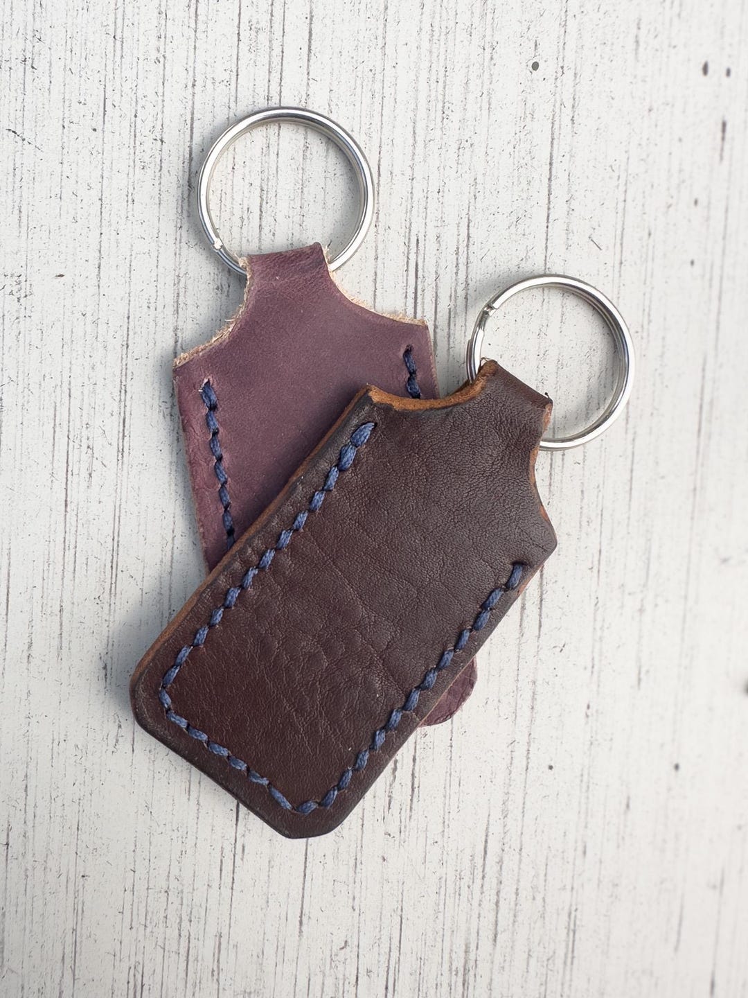 Handcrafted Leather Keychain - Brown Key Fob With Blue Hand-stitching ...
