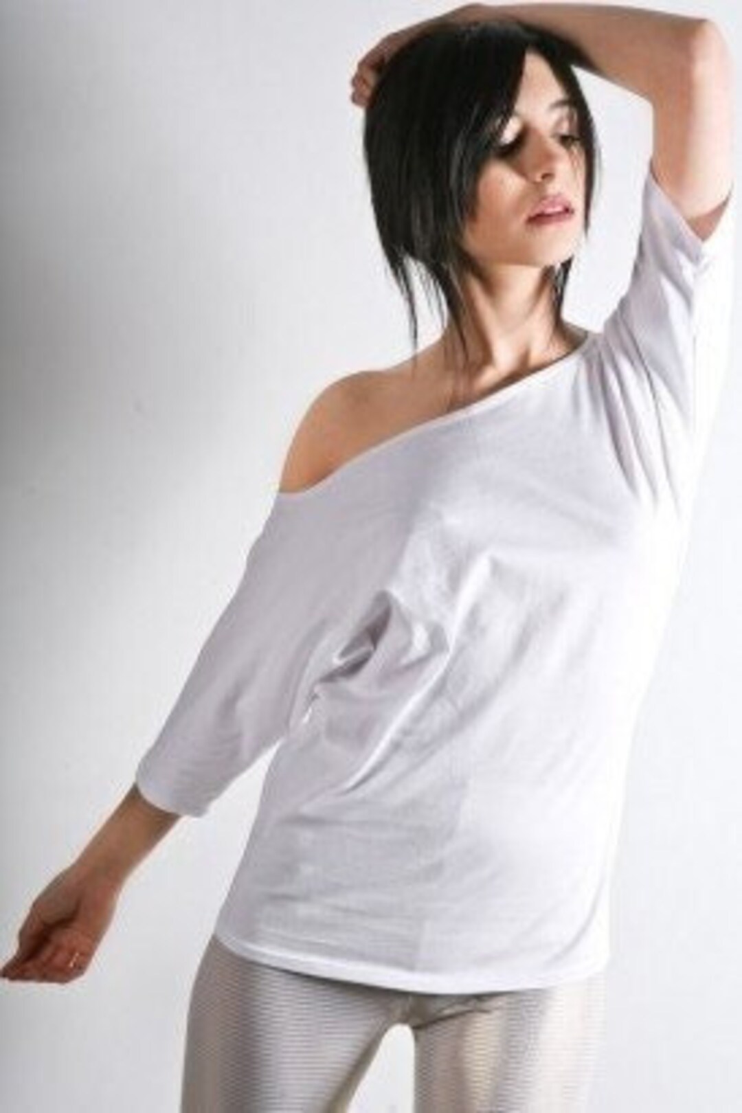 Off Shoulder Slub Top - Women's Slouch Top Fitted Open Shoulder Basic ...