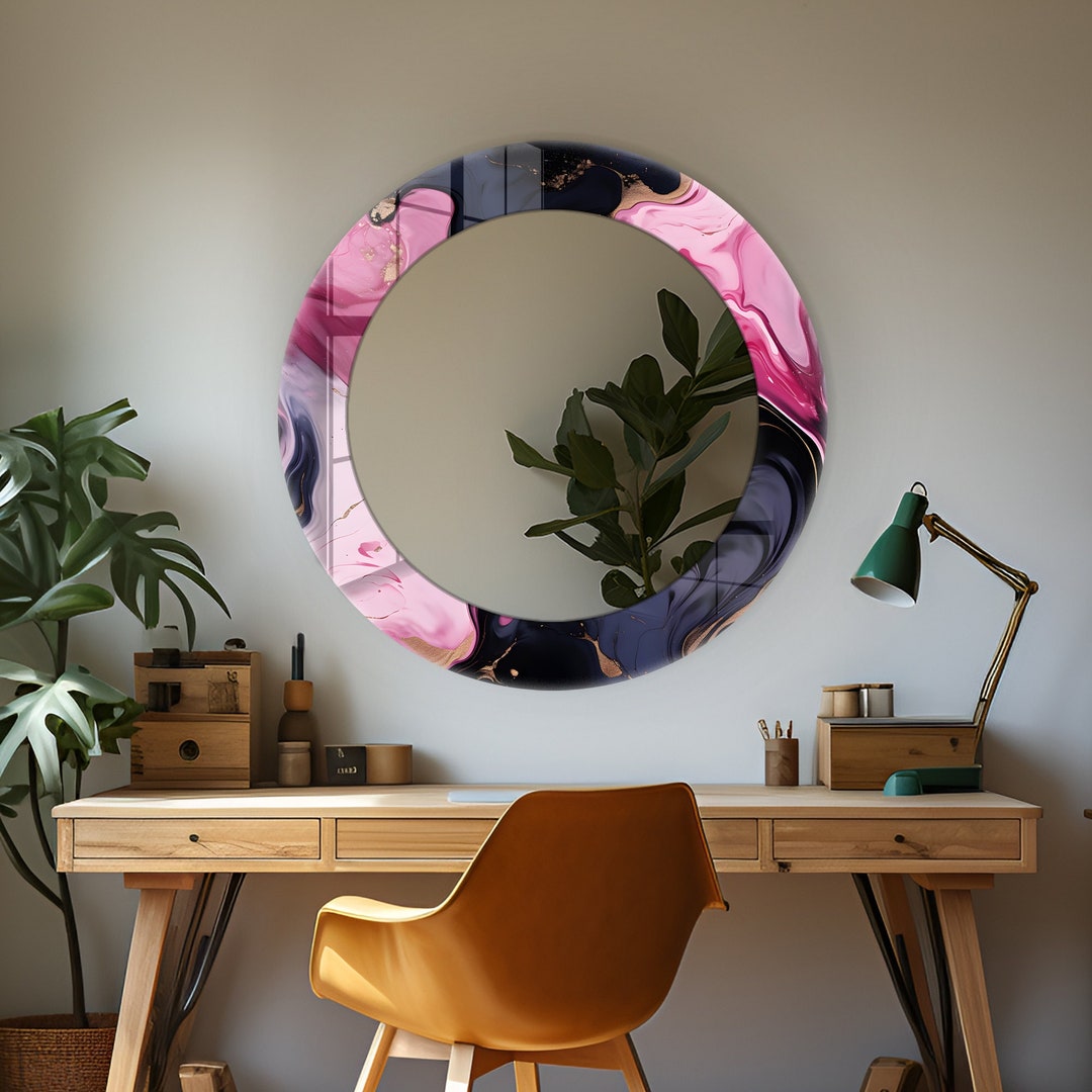 Pink & Black Marble Round Wall Mirror: Tempered Glass Decor - Etsy