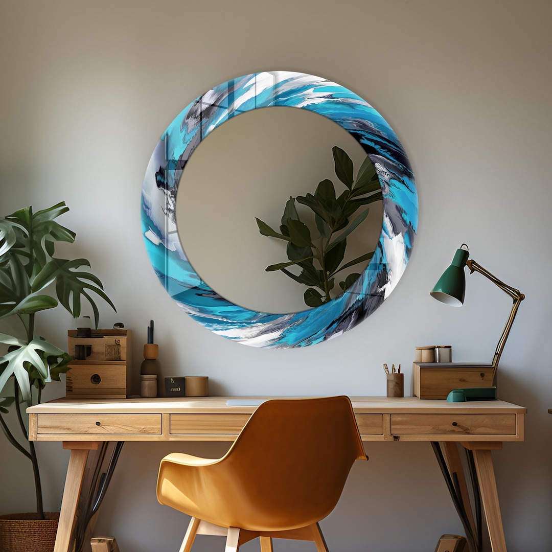Ocean Swirl Round Mirror: Tempered Glass, Blue Bathroom Decor - Etsy
