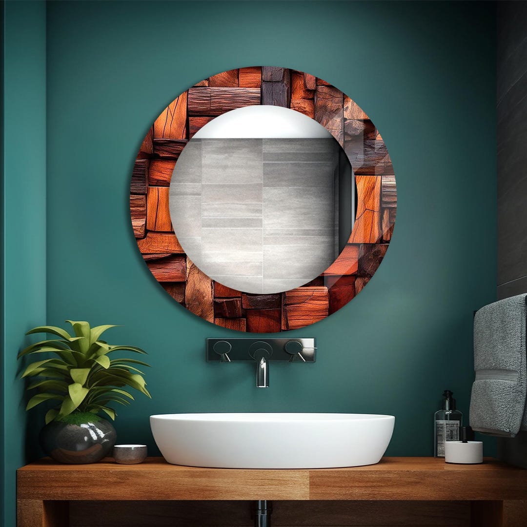 Wood Theme Round Wall Mirror, Tempered Glass, Entryway Decor - Etsy