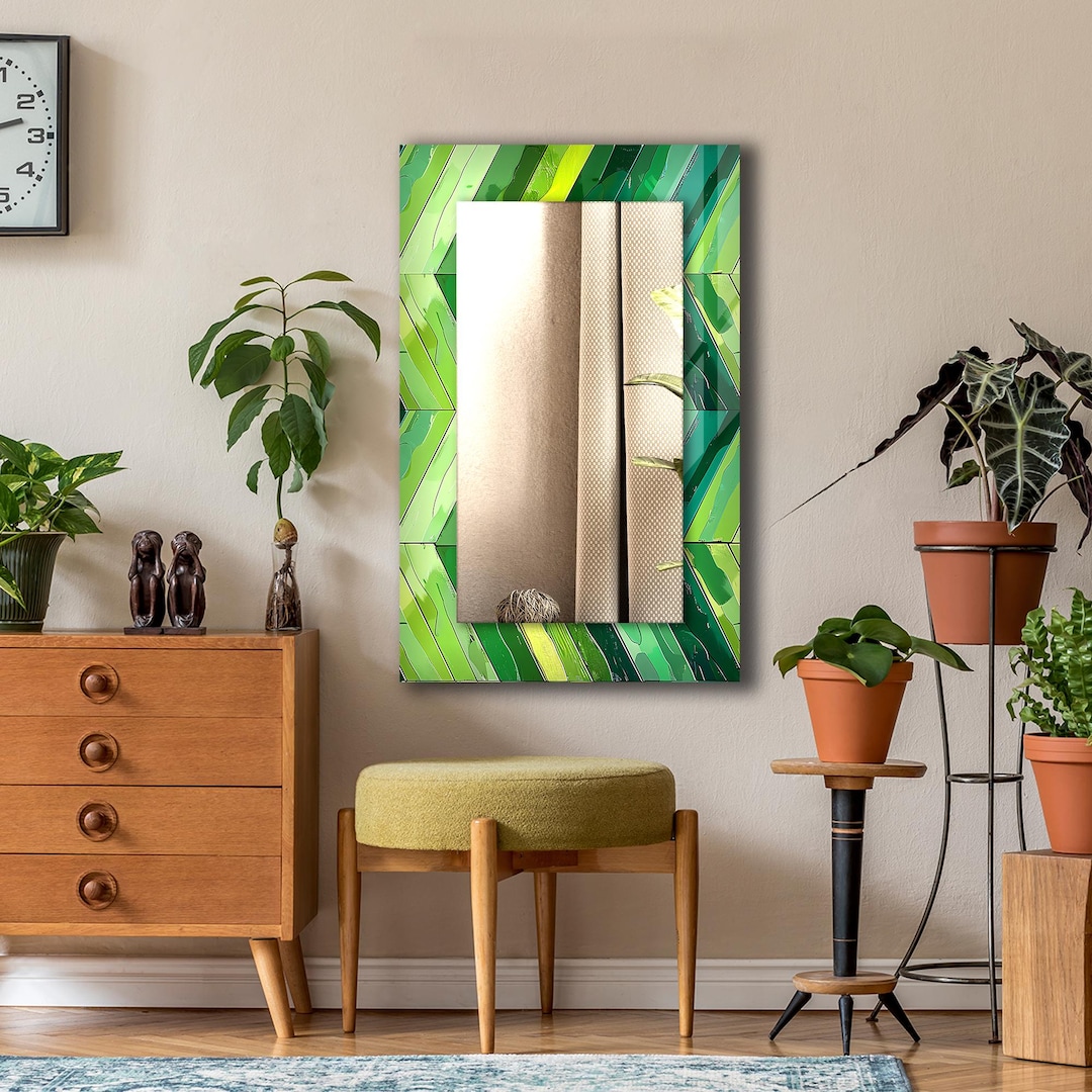 Abstract Green Color Full Length Tempered Glass Wall Mirror: Living ...