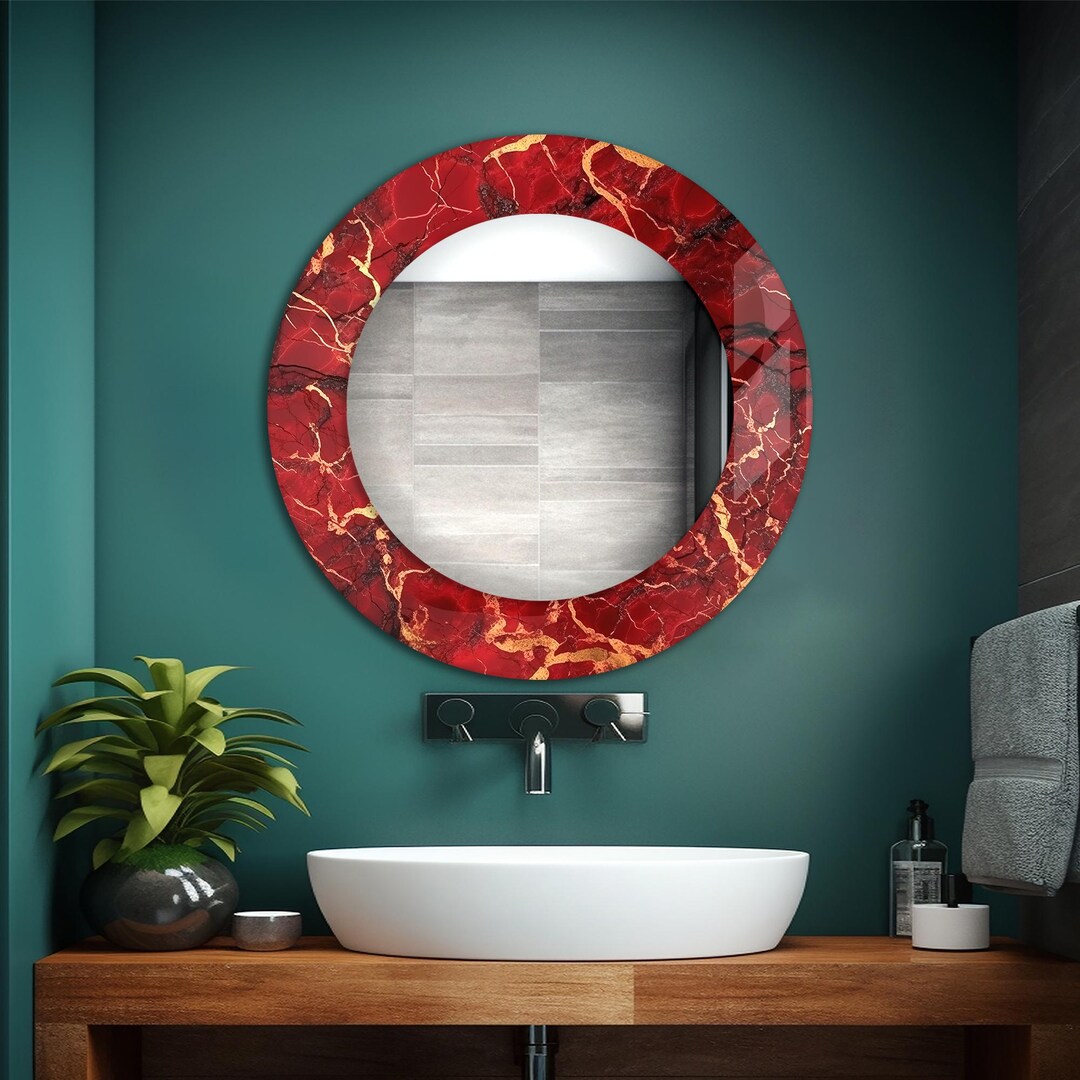 Red Marble Theme Wall Mirror Decor, Bathroom Mirror, Round Mirror Wall ...