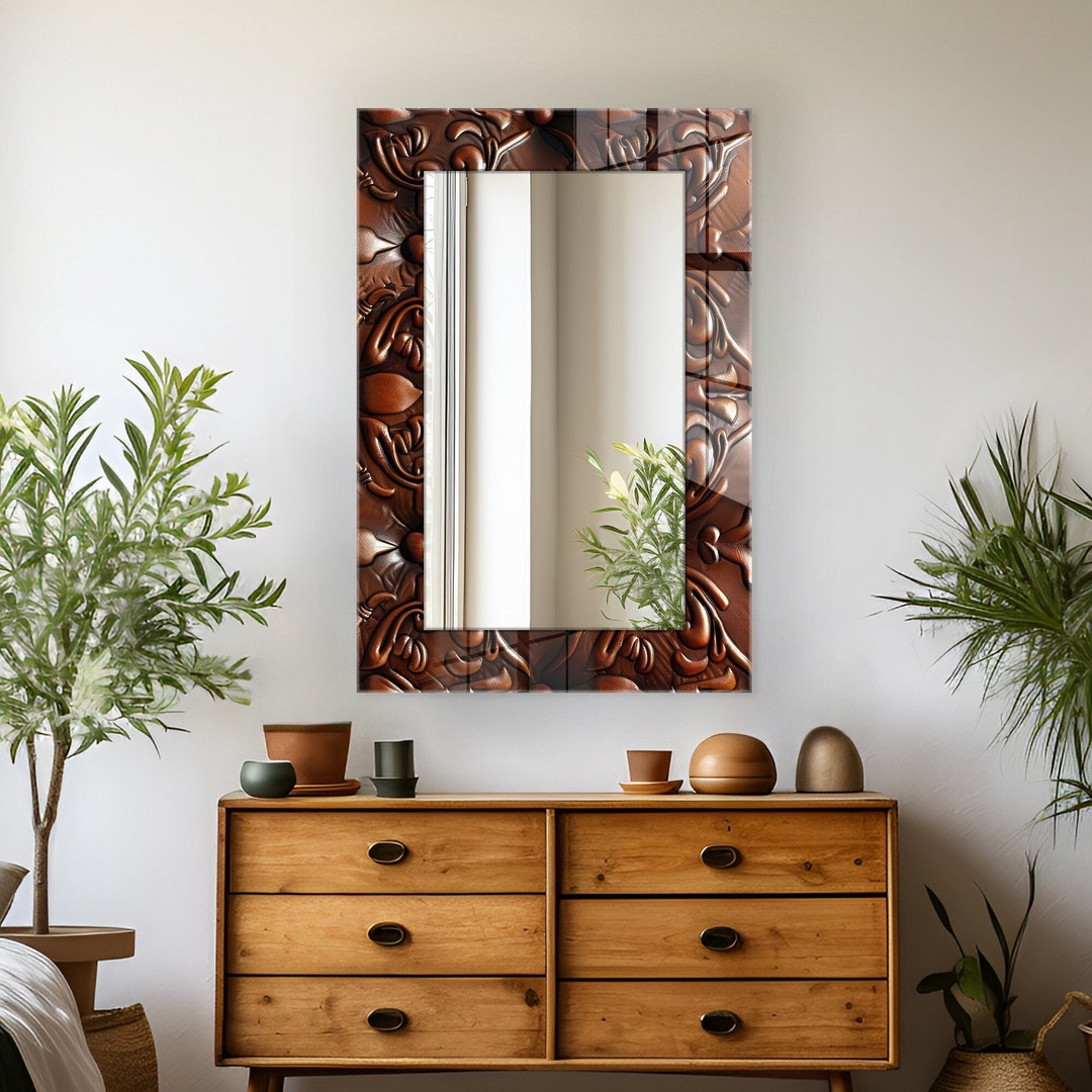 Dark Brown Embossed Theme Wall Mirror Decor, Bathroom Mirror, Vertical ...