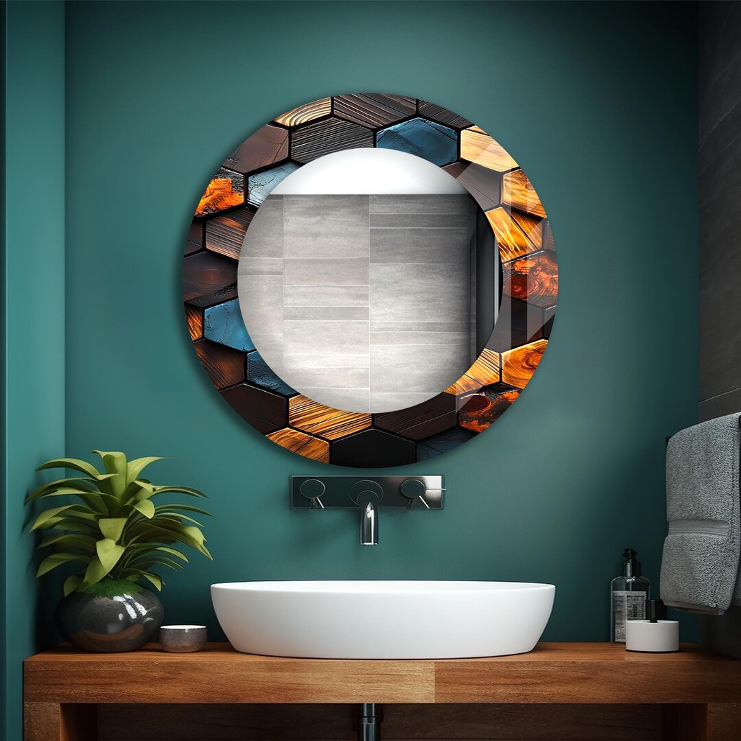 Wood Theme Round Wall Mirror: Tempered Glass Bathroom Decor - Etsy