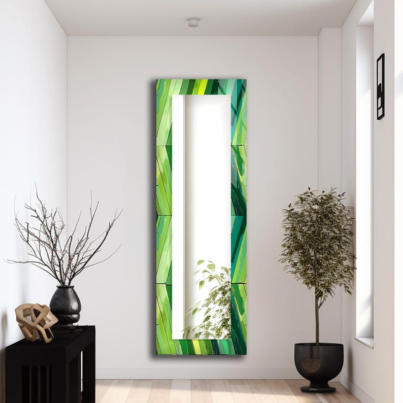 Abstract Green Color Full Length Tempered Glass Wall Mirror: Living ...