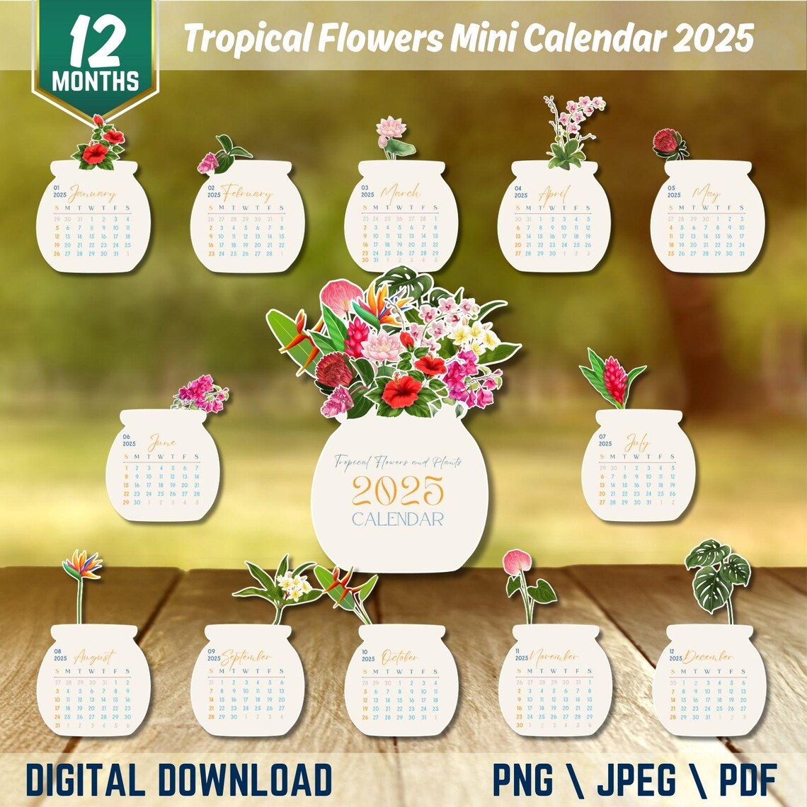2025 Printable Tropical Flowers Mini Calendar Printable Flower Desk ...