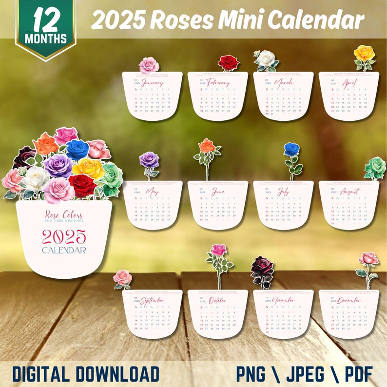 Printable 2025 Rose Colors and Their Meaning Mini Calendar - Elegant ...