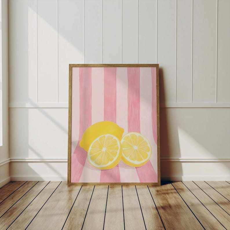 Lemon Wall Art: Pink Stripe, Beachy Kitchen Decor (digital Download) - Etsy